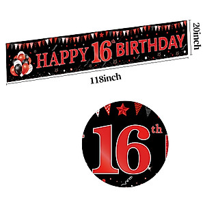 Red Black 16th Birthday Banner Decorations for Boys Girls, Black and Red Happy 16 Birthday Yard Banner Sign Party Supplies, Large Sixteen Year Old Birthday for Outdoor Indoor (9.8x1.6ft)