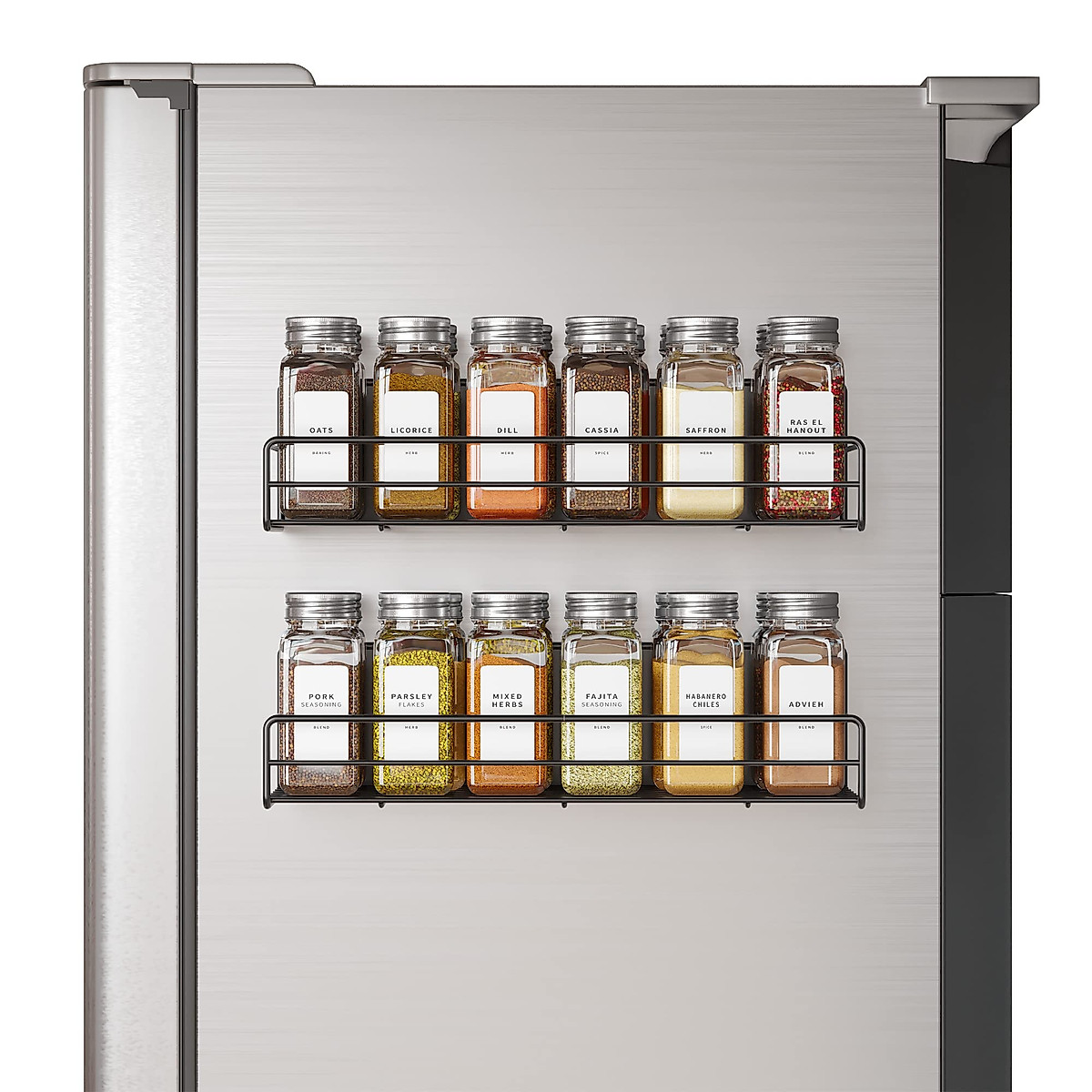 Neatsure 2 Pack Magnetic Spice Rack with 24 Spice Jars, 400 Spice Labels and Funnel, Alternative to Magnetic Spice Tins Containers, Refrigerator Fridge Shelf Organizer