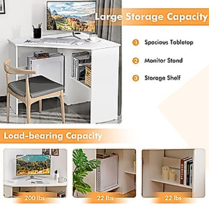 COSTWAY Corner Computer Desk, Space-Saving Triangular Writing Desk w/ 2 Storage Shelves & 2 Cable Holes, Multi-Functional Console Table for Small Space in Home Office, Living Room, Bedroom (White)