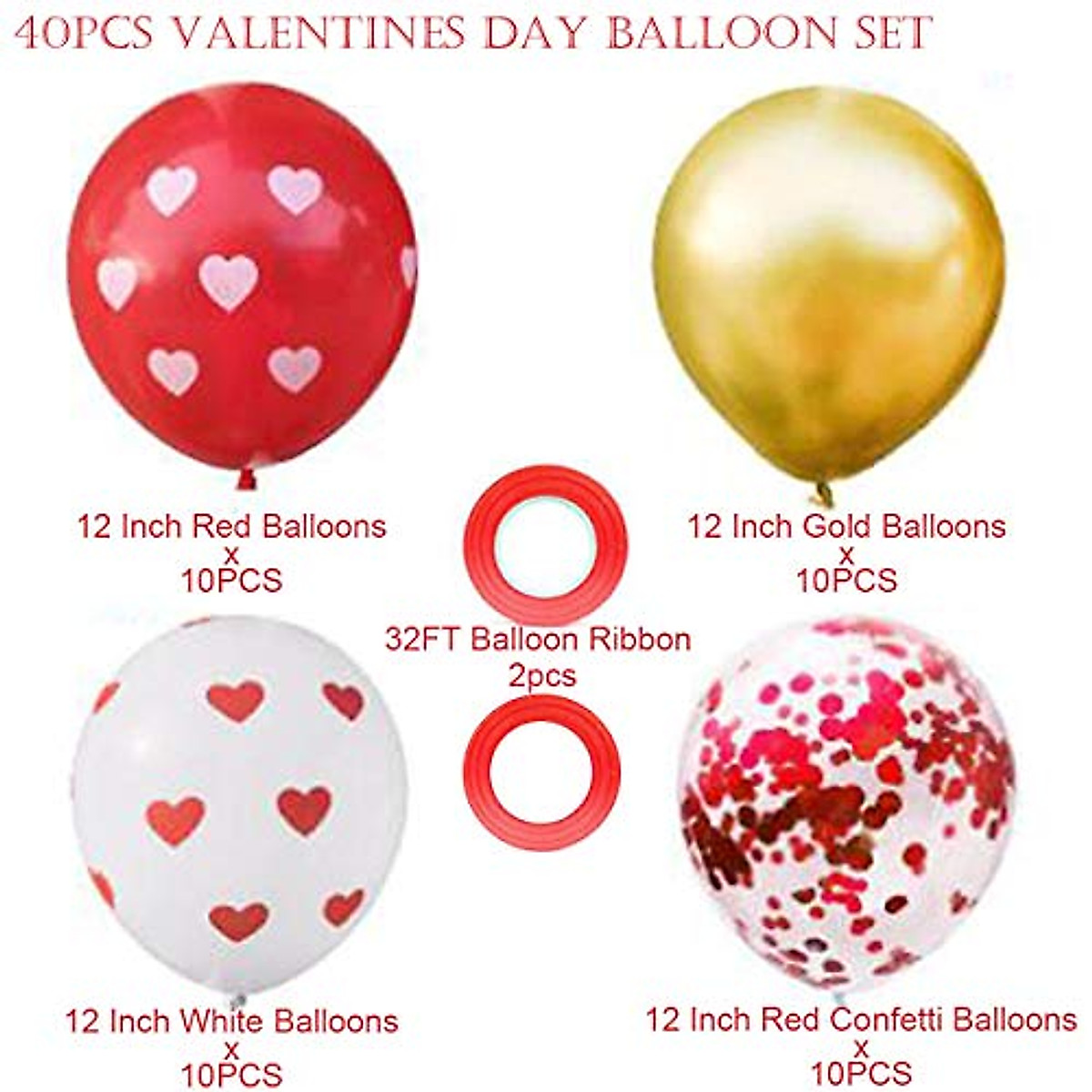 Valentines Day Decorations Party Balloons Kit, 12 Inch Heart Printed Red White Gold Confetti Balloons for Valentine's Day Anniversary Mothers Day Wedding Engagement Party SuppliesDecorations