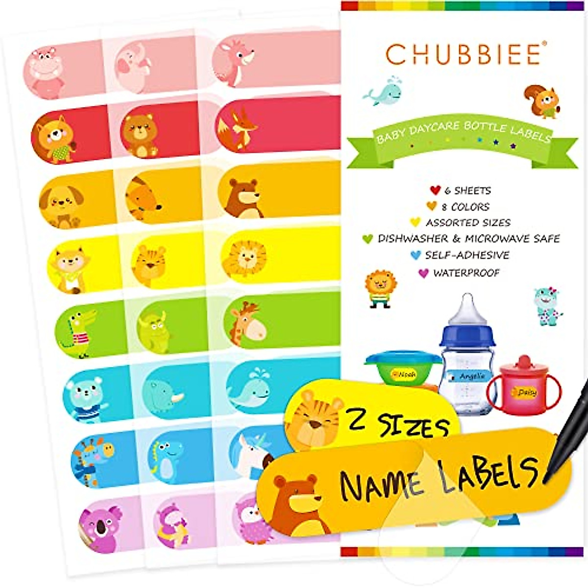 Baby Daycare Bottle Bag Labels, Self-Laminating, Waterproof Write-On Name Stickers, Assorted Sizes & Colors, Pack of 64