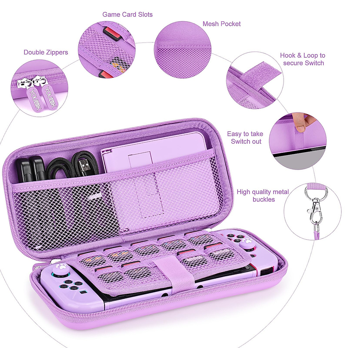 Younik Switch Accessories Bundle, 17 in 1 Purple Switch Accessories Kit for Girls Include Switch Carrying Case, Adjustable Stand, Protective Case for Switch Console & J-Con