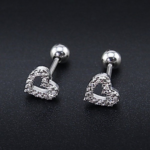 16g Sparkling Cubic Zirconia Stainless Steel Stud Earrings Tragus Helix Conch Cartilage Ear Piercing (Heart)
