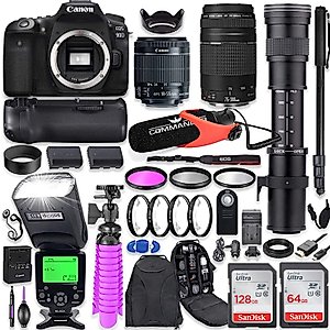 Canon EOS 90D DSLR Camera Kit 18-55mm 75-300mm Lenses + 420-800mm Zoom Lens + Battery Grip + TTL Flash + Microphone + 192GB Memory Accessory Bundle (Renewed)