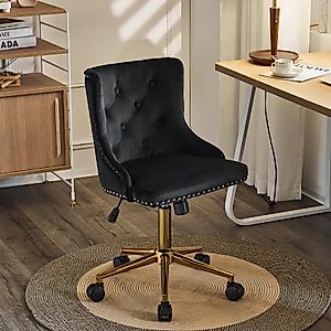 VINGLI Black Velvet Armless Home Office Desk Chair with Gold Base/Wheels, Small Cute Vanity/Makeup Chair with Back for Bedroom, Upholstered Adjustable Rolling Swivel Nail Chair for Women/Girls