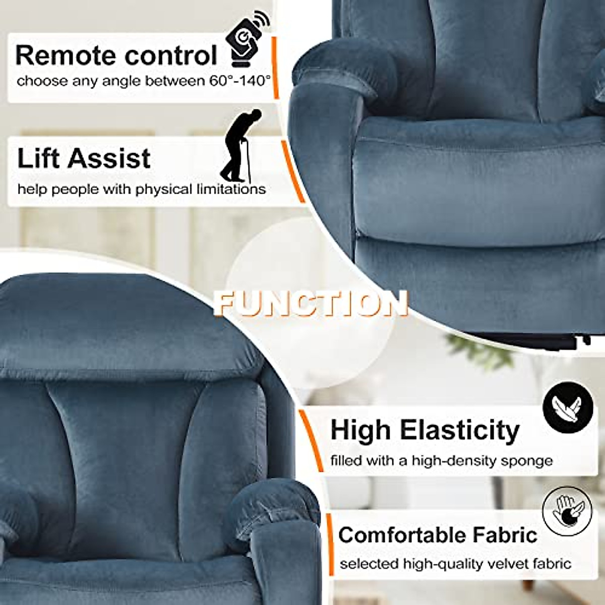 QKFF Power Lift Chair Recliners for Elderly, Modern Adult Power Lift Recliner, Velvet Upholstery Electric Lift Chair Recliner with Side Pocket for Living Room (Blue)