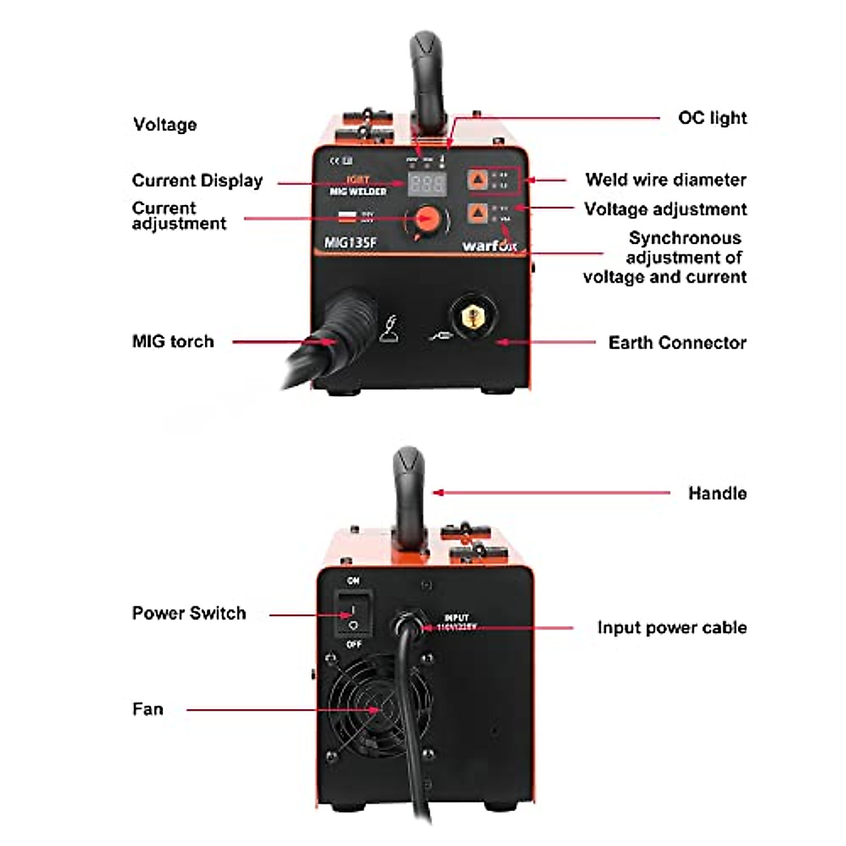 Mig Welder, Gasless Flux Core Wire Automatic Feed MIG135F Mig Welding Machine ,Dual Voltage 110V/220V IGBT Inverter Mig Welders