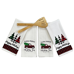 Farmhouse Christmas Kitchen Hand Towels: Postal Country Truck and Trees Herringbone Cotton Weave with Decorative Checkered Prints on Terrycloth with Easy Hang Fabric Loops (Farm Fresh Trees)