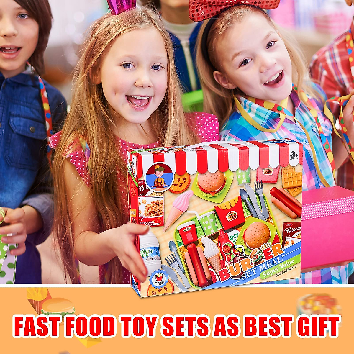 Zomiboo Pretend Play Food Toy Set for Kid Kitchen, Fake Food Plastic Burgers Sandwich Toys Pretend Food Playset Preschool Role Play Kitchen Restaurant Sets Christmas Birthday Gift for Girls Boys