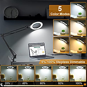 5X Large Magnifying Glass with Light and Stand, KRSTLV 2 x 16 Inch Swivel Arm LED Desk Lamp with Clamp, 5 Color Modes Stepless Dimmable Lighted Magnifier Hands Free for Close Work, Craft, Hobby, Black