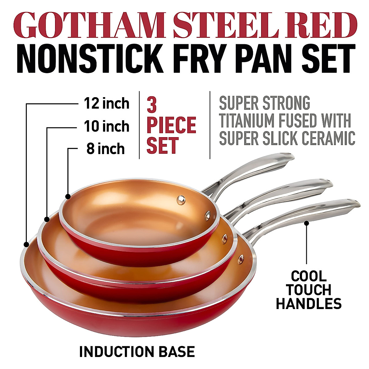 GOTHAM STEEL Frying Pan Set, 3 Piece Nonstick Copper Fry Pans Set, 8”, 10” & 12” Nonstick Frying Pans, Nonstick Skillet Set, Omelet Pan, Cookware, PFOA Free, Dishwasher Safe, Cool Touch Handle - RED