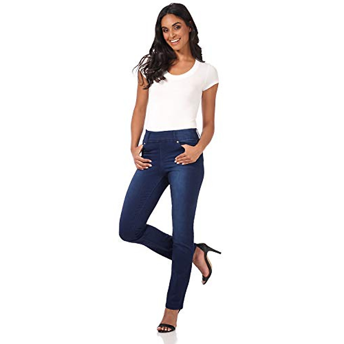 Rekucci Women's Secret Figure Premium Denim Straight Leg Pull-On Jean (10, Ink Blue Sandblast)