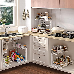 Liuoud Under Sink Organizer 1 pack, 2 Tier Slide Out Under Sink Organizers And Storage, Height Adjustable Pull Out Cabinet Organizer Drawers, Kitchen Bathroom Metal Sink Storage Shelves