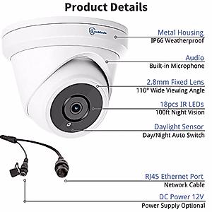 Guaddaole 5MP PoE IP Camera Outdoor with Person Detection, 5MP Dome Security IP Camera with Audio, 98ft IR Night Vision, 2.8mm Lens with Wide Angle, IP66 Weatherproof, H.265/H.264(2592x1944@30fps)