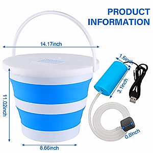 Fishing Bait Bucket with Portable Aerator 4 Gallons Collapsible Live Fish Minnow Bucket with Lid Live Bait Container Utility Fishing Pail Outdoor Camping Organizer (Blue-Bucket)