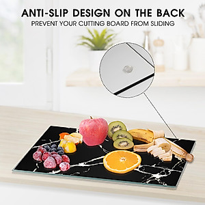 JAMBALAY Tempered Glass Cutting Board for Kitchen 12 x 16" 2 PCS, Marble Pattern Cutting Board, Chopping Board with Rubber Feet, Heat Resistant, Shatter Resistant, Dishwasher Safe, Black and Clear