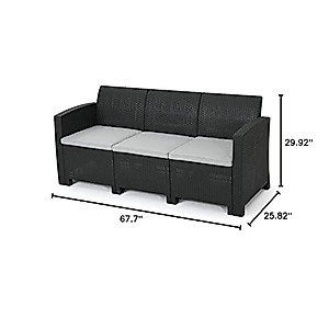 Christopher Knight Home St. Lucia Outdoor 3-Seater Faux Wicker Rattan Style Sofa with Water Resistant Cushions, Charcoal / Light Grey