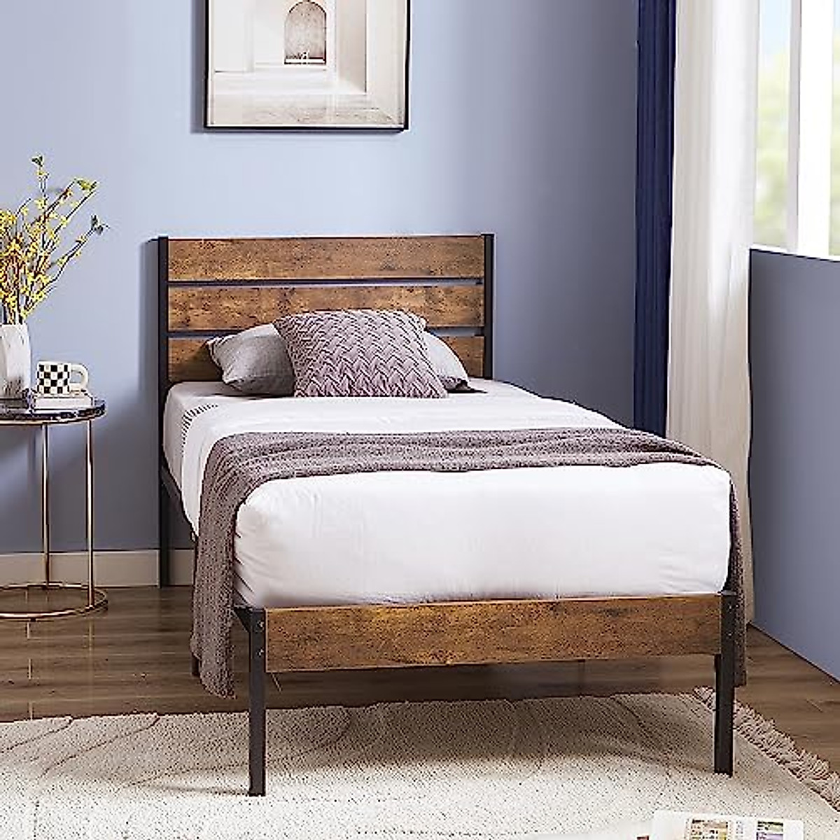 VECELO Platform Twin Bed Frame with Rustic Vintage Wood Headboard and Footboard, Mattress Foundation, Strong Metal Slats Support, No Box Spring Needed