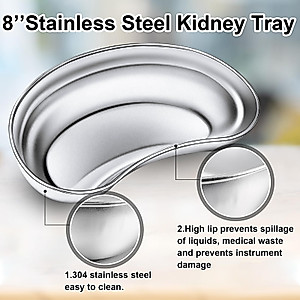 Blulu 6 Pcs Stainless Steel Kidney Tray 8'' Medium Kidney Shaped Emesis Basin Surgical Medical Tray pan Bowls Reusable Metal Kidney Dish Dental Lab Instruments Bathroom Soiled Dressings Medic Waster