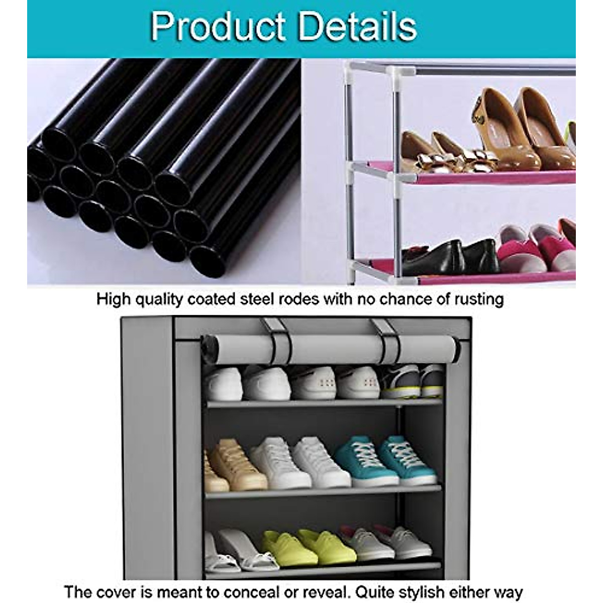 UDEAR 9 Tier Shoe Rack with Dustproof Cover Shoe Shelf Storage Organizer Grey