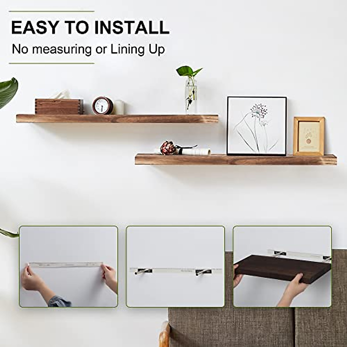 Floating Shelves, 24 Inch Wall Shelf Set of 2, Rustic Wood Shelves for Wall Storage, Wall Mounted Wooden Display Shelf for Bathroom Bedroom Kitchen Garage, Carbonized Black