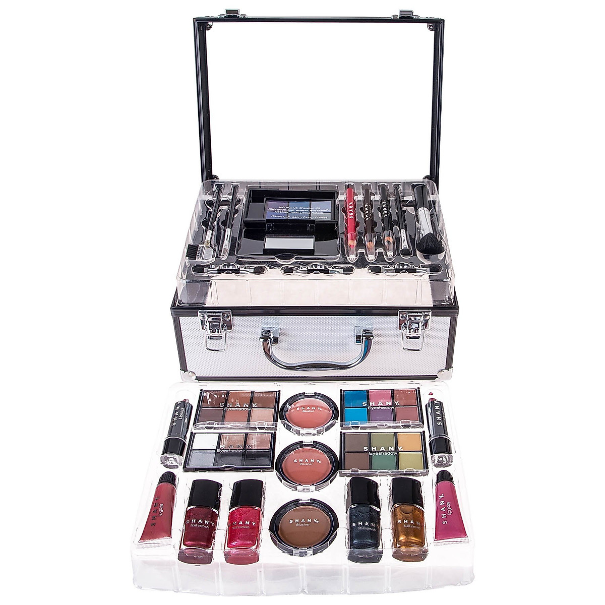 SHANY Carry All Trunk Makeup Train Case with Re-usable Aluminum Makeup Storage Case. Non Toxic Color Make up Set with Eye palettes, Blushes,Makeup Powders, Manicure, Pedicure and Makeup Brushes.