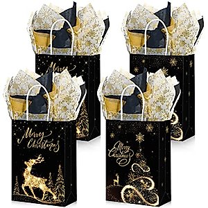 Funrous Gold Black Christmas Bags with Tissue Paper Xmas Black and Gold Gift Bags Metallic Gold Black Goody Treat Bags with Handles for Christmas Thanksgiving Candy Cookies Party Supplies (16 Pcs)