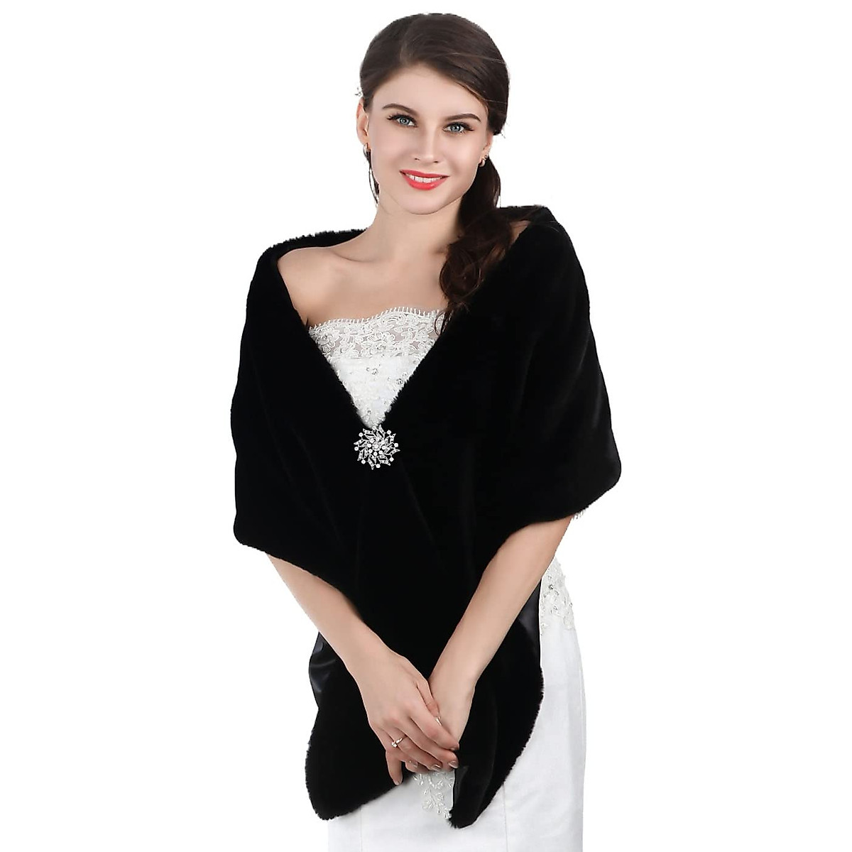 GORAIS Women's Wedding Faux Fur Shawls and Wraps Long Bridal Fur Scarf Stoles with Brooch for Bride and Bridesmaids (Black)