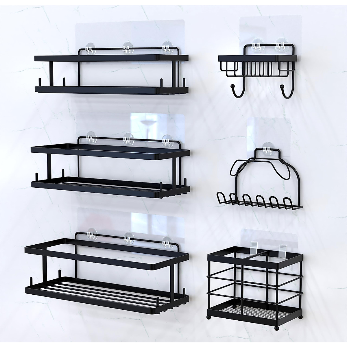Comelyjewel 6 Pack Bathroom Adhesive Shower Shelves for Tile Wall Toiletry Kitchen Organizer and Large Capacity Bathtub Essentials Wall Rack Suction Shower Caddy for Inside Shower Storage