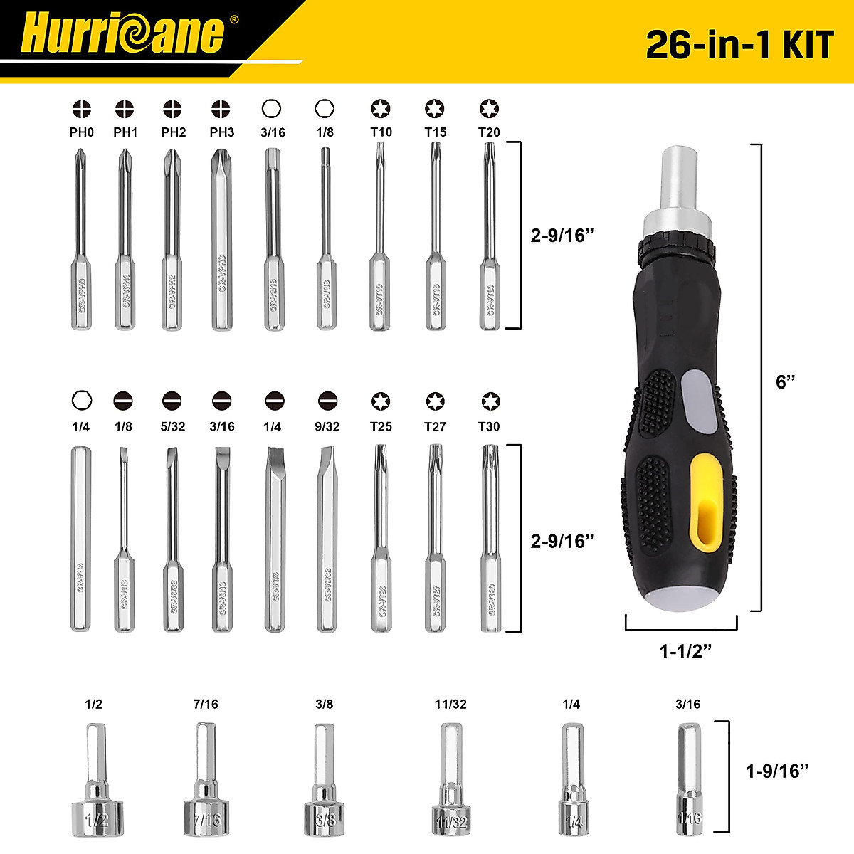 Hurricane 26 Piece Ratcheting Screwdriver Set with Chrome Vanadium Steel Bits, Durable Nylon Pouch