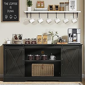 4ever2buy Farmhouse Buffet Cabinet with Storage, 59’’ Coffee Bar Cabinet with Sliding Barn Door, Kitchen Sideboards Buffet Cabinet Adjustable Shelf, Coffee Bar Table for Living Dining Room,Espresso