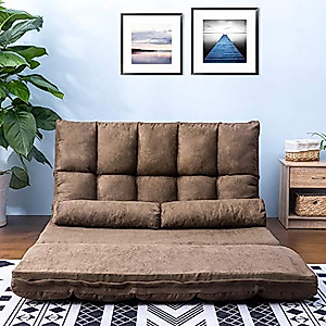 Double Chaise Lounge Sofa, Floor Sofa Bed Adjustable Sleeper Bed Futon Bed Sofa Couches 5-Position Reclining Sofa Lazy Sofa with Two Pillows (Brown)