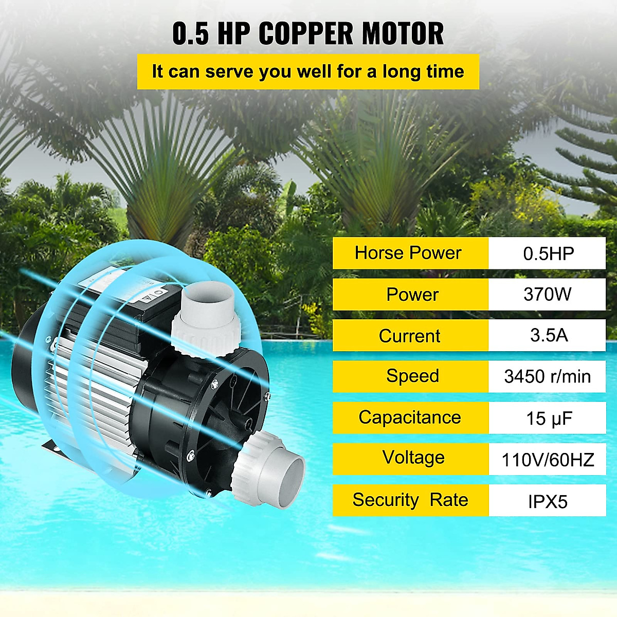 VEVOR Swimming Pool Pump 1/2 HP 110V Hot Tub Pump 0.37 Kw Water Circulation Pool Pump Spa Pump Above Ground Pool and Whirlpool Bath