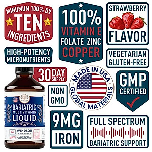 Bariatric Multivitamin with Iron Liquid Supplement - Post Gastric Bypass, Gastric Sleeve Vitamins - for Men and Women Post Sleeve Gastrectomy - Veggie, Non-GMO, Strawberry Flavor - 30 Day Supply