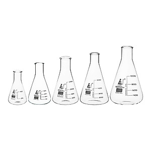 EISCO Premium Erlenmeyer Flask Set - 50ml, 150ml, 250ml, 500ml & 1000ml - Narrow Neck, White Graduations - Superior Durability & Chemical Resistance - Borosilicate 3.3 Glass