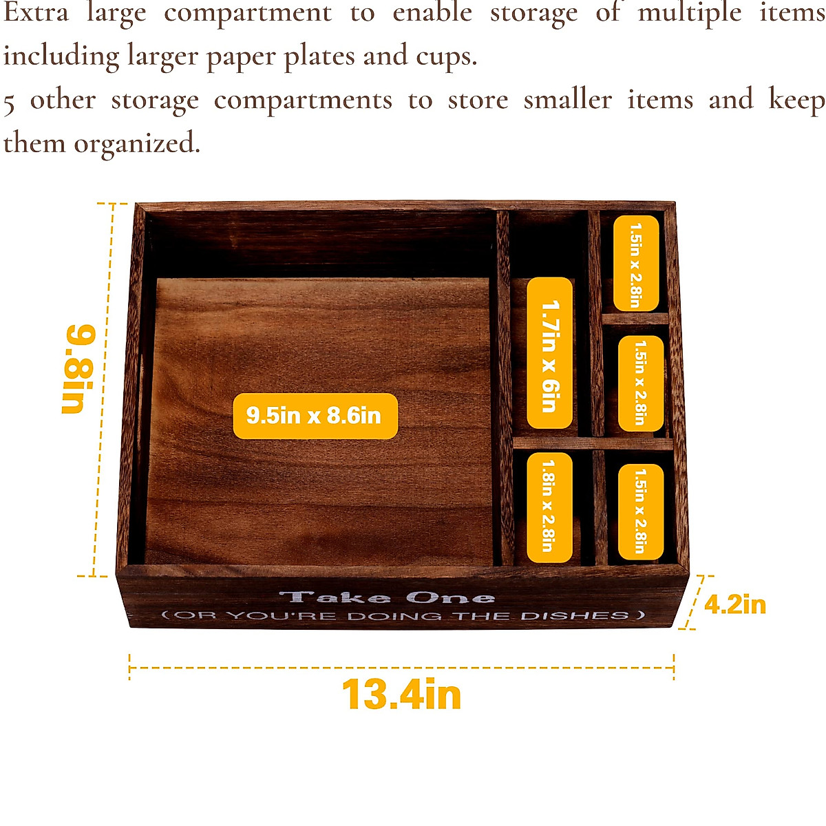 Mandikays| Large Rustic Paper Plate Caddy for Kitchen Countertop| Wooden Utensil Holder for Plates, Cups, Forks, Knives, Spoons, Straws Napkins and Condiments| 6 Compartments| Brown Flatware Organizer