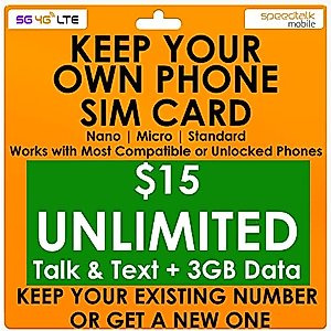 SpeedTalk Mobile SIM Card Kit - Unlimited Minutes Call & SMS Text + 3GB 4G LTE Data | 30 Days Smart Cell Phone Service Plan | 3 in 1 Simcard - Standard Micro Nano | No Contract USA Coverage