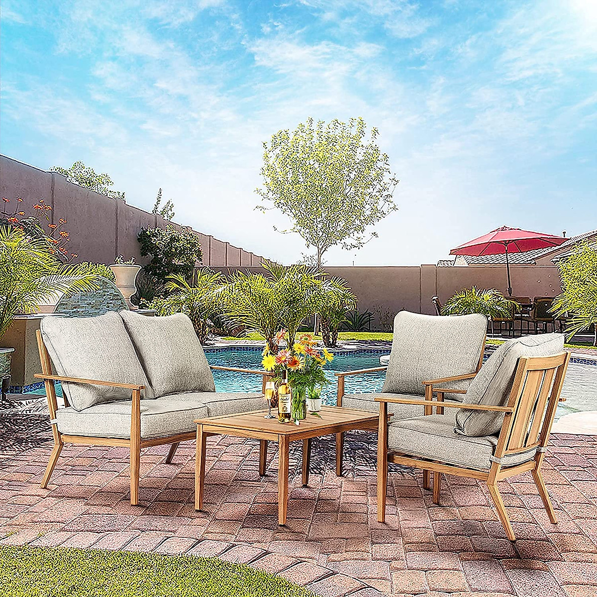 SUNCROWN 4-Piece Outdoor Patio Sofa Furniture Set Heavy Duty Conversation Set, Metal Frame Armchairs Loveseat Set with Grey Cushions and Coffee Table, Grey