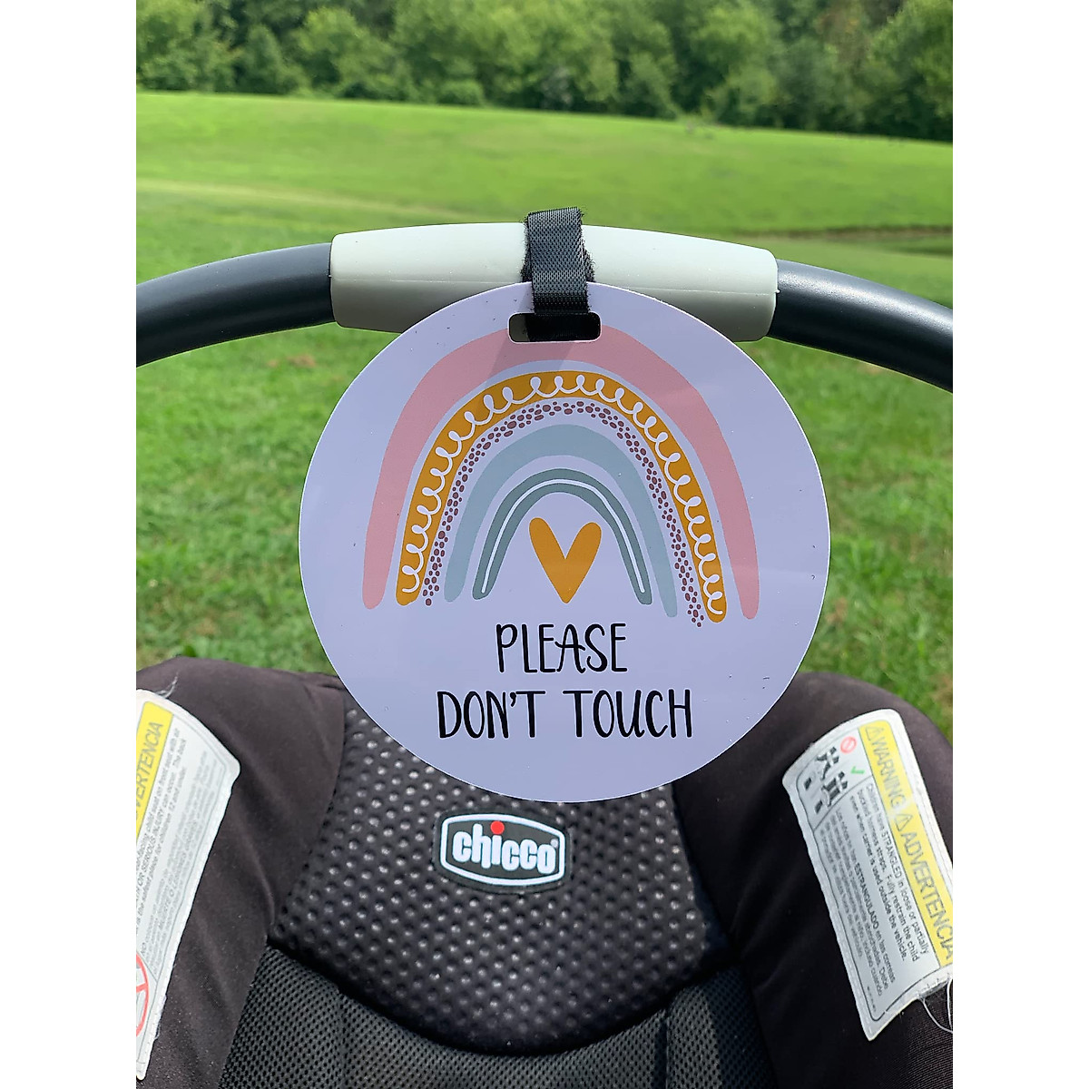 THREE LITTLE TOTS – Rainbow Stop No Touching Baby Car Seat Sign or Stroller Tag - CPSIA Safety Tested