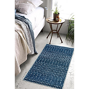 Lahome Moroccan Indoor Rugs for Entryway - 2x3 Area Rug Non-Slip Backing Washable Inside Door Mats Low-Profile Throw Soft Rugs for Bathroom, Geometric Print Distressed Blue Rug for Kitchen Bedside