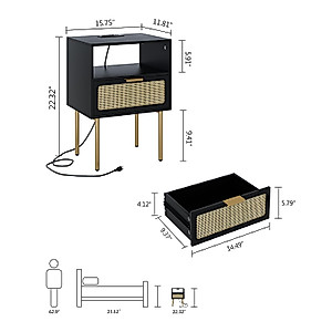 Aienvey Rattan Nightstand with Charging Station, Drawer Dresser for Bedroom, Small Bedside Table with Drawer, Night Stand, End Table with Gold Frame for Living Room, Black