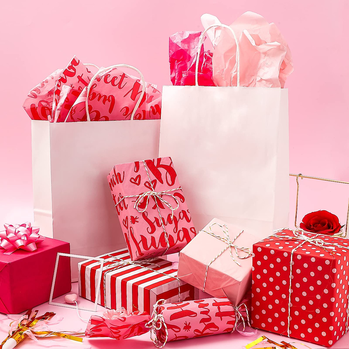 Packanewly Gift Wrap Tissue Paper for Valentine's Day - 100 Sheets Bulk Wrapping Paper Decorative Art for Gift Wrap, Flower, Pom Pom - 20x20 inch (Red, Pink, Stripe, Dot)