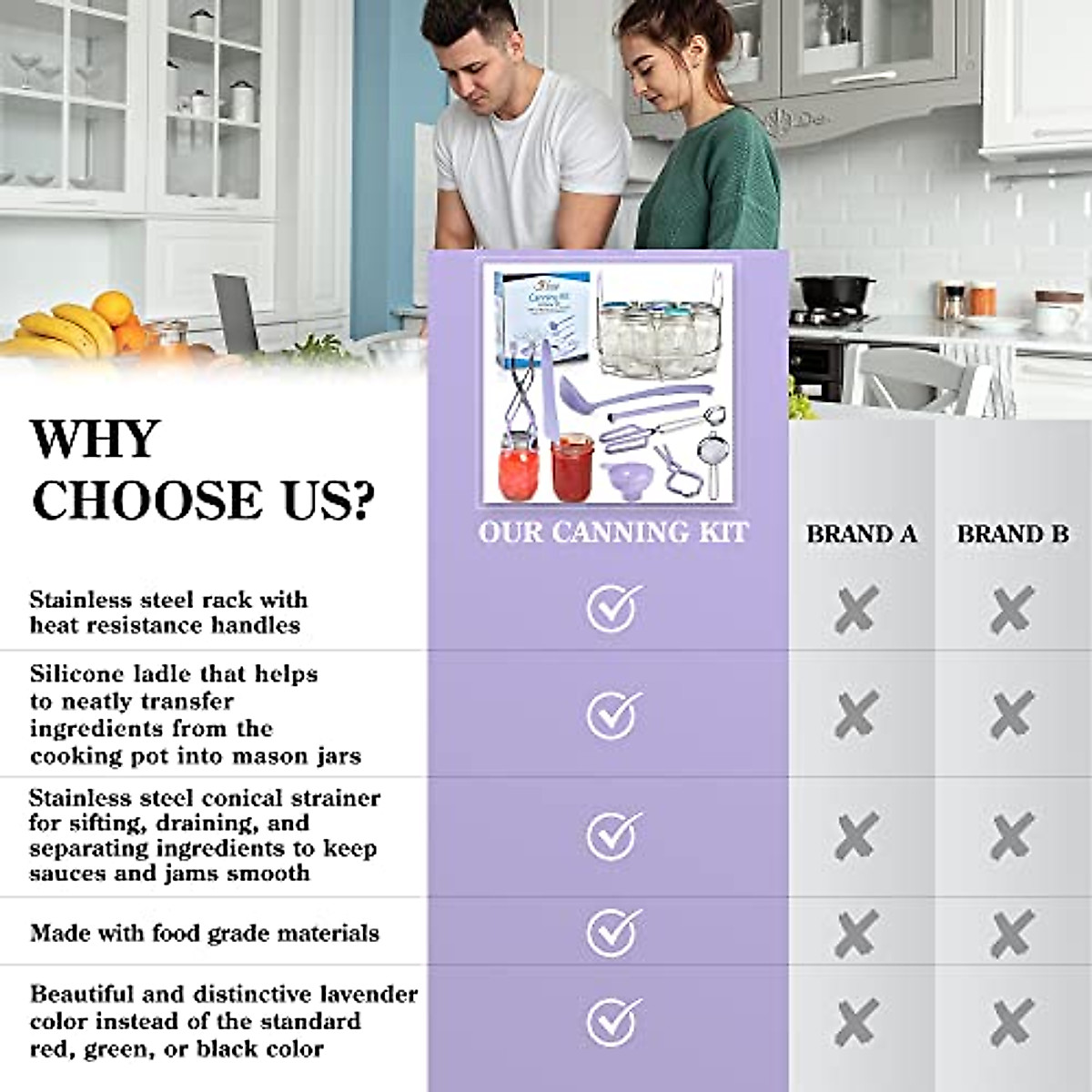 Canning Supplies Starter Kit in Lavender - 9-Piece Canning Tools Set with Stainless-Steel Rack, Ladle, Jar Funnel, Jar Lifter, Magnetic Lid Lifter, Jar Wrench, Strainer, Kitchen Tongs, Bubble Popper