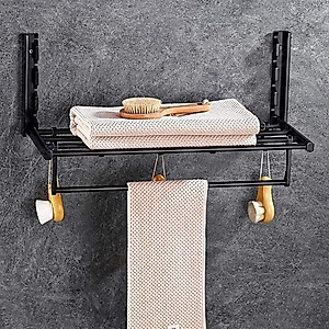YOtat Bathroom Towel Rack Towel Bar Foldable Bath Towel Rack with Hooks Wall-Mounted Towel Holder Hotel Rail Shelf Bathroom Kitchen Storage Rack Holder Towel Holder Towel Rail, 57cm, Schwarz