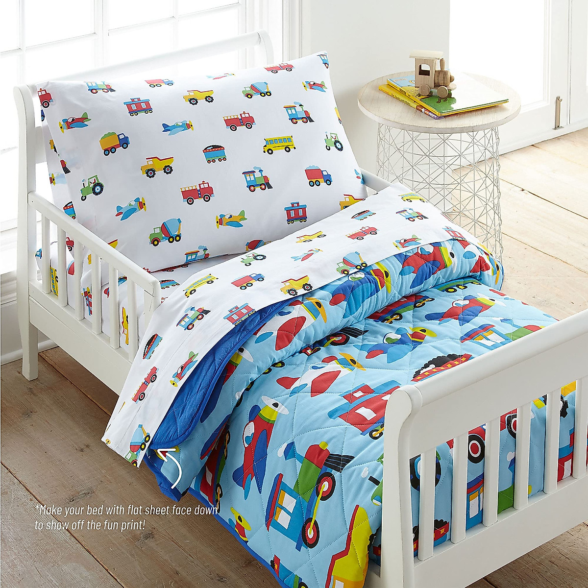 Wildkin 100% Cotton 4 Piece Toddler Bed-in-A-Bag for Boys & Girls, Bedding Set Includes Comforter, Flat Sheet, Fitted Sheet & Pillowcase, Bed Set for Cozy Cuddles (Trains, Planes & Trucks)