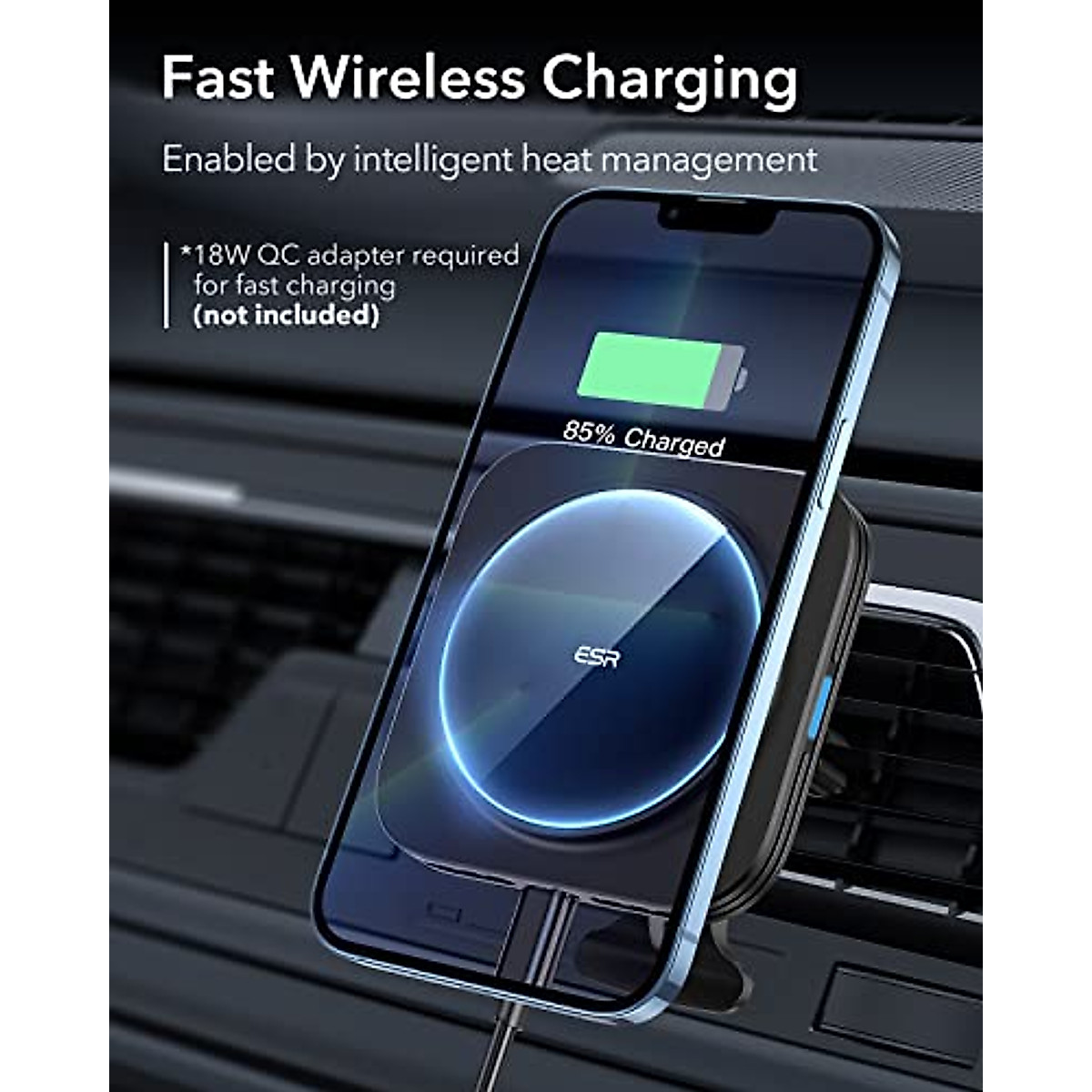 ESR Magnetic Wireless Car Mount Charger (HaloLock), Compatible with MagSafe Car Charger, Air Vent Car Phone Holder for iPhone 14/13/12 Series, Car Accessories, Fast Charging, Strong Magnets, Black