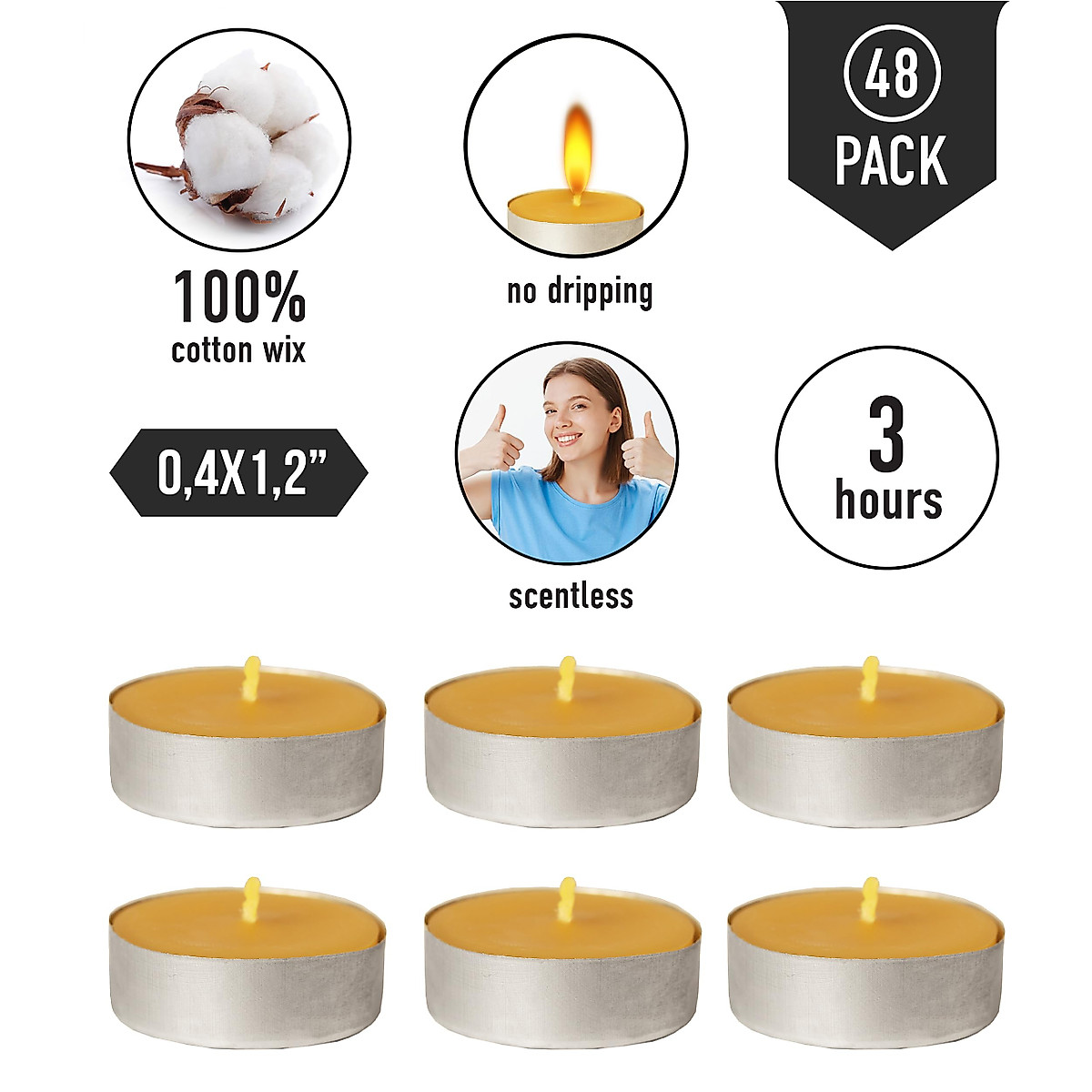 100% Pure Beeswax Tealight Candle Set of 48-3 Hours Lasting Smokeless Tealight Candles - Cotton Wick - Unscented Tea Light Candles - Candle Lover Gift