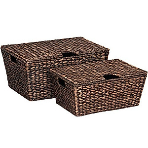 Manoch 2 Pieces Set Hand Woven Water Hyacinth Wicker Baskets Storage Organizer Bins Handles Large Basket Dimensions: 21.5"(L) x 13.5"(W) x 10"(H) Small Basket: 18"(L) x 12"(W) x 8"(H)