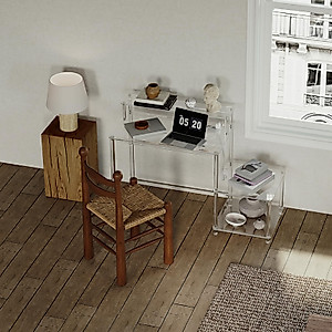 Eglaf Acrylic Desk with Printer Space - Home Office Desk Computer Desk with Power Outlet, Monitor Stand, for Study Working Writing Gaming, 44.5'' L x 18.9'' W x 35.8'' H, Clear