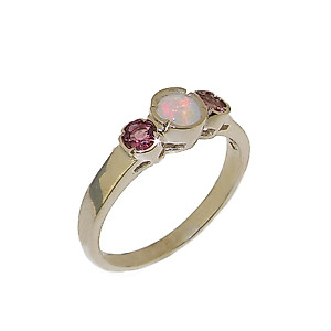 LetsBuyGold 925 Sterling Silver Natural Opal & Pink Tourmaline Womens Trilogy Ring - Size 9.5